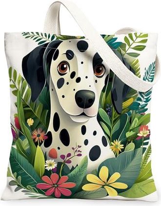 Generic Sac fourre-tout en toile motif chien dalmatien printanier, 33 x 38,1 cm, sac d&eacute;picerie r&eacute;utilisable pour femme, joli motif de feuille danimal domestiq