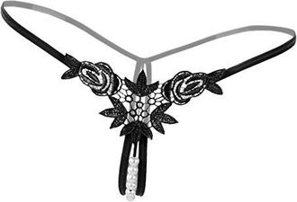 P Prettyia Culotte string strings en dentelle avec perles et fleurs - Pour femme - Noir - taille unique