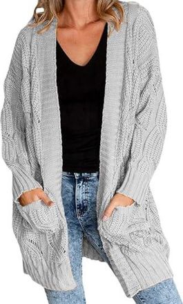 Generic Cardigan &agrave; manches longues pour femme, couleur unie, grande taille, pull dautomne l&eacute;ger &agrave; manches longues, avec poches, gris, XXL