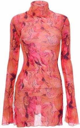 Generic Robe Fleurie Femme Manches Longues- Mini Robe Courte Sexy Col Roul&eacute; Ouverture Lat&eacute;rale sur Les Hanches Moulant Ligne A Sexy Chic Et &Eacute;l&eacute;gants L&eacute;ger Sli