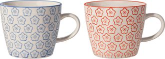 Bloomingville Tassen mit Henkel Isabella Retro Kaffeetasse Teetasse Vintage dickwandige ø 9,5 x H 8 cm, blau rot, Keramik, 2er Set, fasst ca. 280 ml