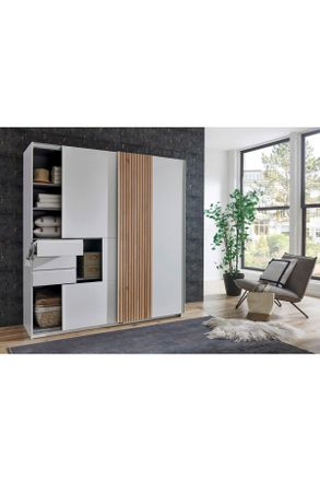 MID.YOU Mid.you Schwebet&uuml;renschrank, Wei&szlig;, Eiche Artisan, Metall, 4 F&auml;cher, 3 Schubladen, 180x198x65 cm, BQ - B&uuml;ndnis f&uuml;r Qualit&auml;t, Made in Germany, DIN EN IS