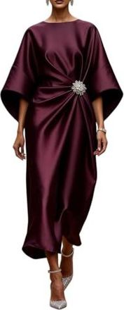 Generic Robe longue en satin &agrave; col rond et manches chauve-souris pour femme - Col rond - Taille torsad&eacute;e - &Eacute;l&eacute;gante robe de soir&eacute;e formelle, bordeaux, 3XL
