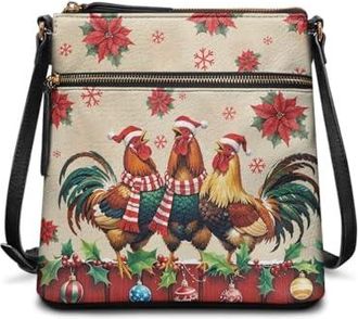 Coloranimal Sac &agrave; bandouli&egrave;re pour femme en cuir avec fermeture &eacute;clair sur le th&egrave;me de No&euml;l, Poulet poinsettia de No&euml;l