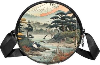 Generic Ukiyo-e Petit sac &agrave; bandouli&egrave;re rond pour femme avec fermeture &eacute;clair et bretelles r&eacute;glables