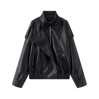 Generic Veste &eacute;lastique en cuir synth&eacute;tique pour femme avec fermeture &eacute;clair et manches longues, 3, XS