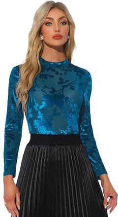 Allegra K Blouse en Velours Femme Imprimé Floral Haut en Maille Chemisier à Col Montant Pull élastique à Fleurs Haut à Manches Longues Demi-Transparents Bleu S