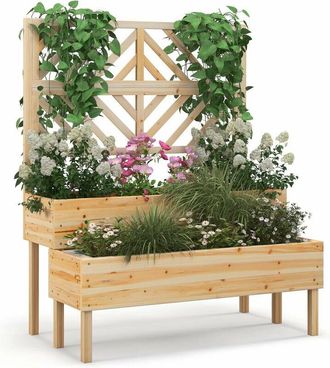 Costway Costway - Blumenkasten mit Spalier aus Tannenholz, Gartenspalier mit 2 Rankk&auml;sten, Pflanzkasten f&uuml;r Kletterpflanzen, Hochbeet mit Rankgitter &