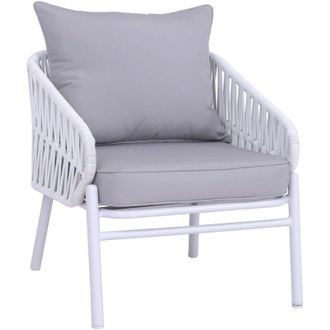 Hhg Aluminium-Gartenstuhl HHG-216, Loungestuhl Sessel Outdoor, Seilgeflecht Rope Stoff/Textil (180g/m&sup2;) hellgrau