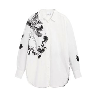 Desigual Femme, Blouses et Chemises, Blanc, Taille: 44 FR Chemise Boutonn&eacute;e Imprim&eacute;e en Coton avec Col Classique