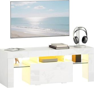 HOMCOM Meuble TV - HOMCOM - &eacute;clairage LED RGB, haute brillance, &eacute;tag&egrave;res en verre tremp&eacute;, placard rabattable - MDF - 120x34x45cm - blanc