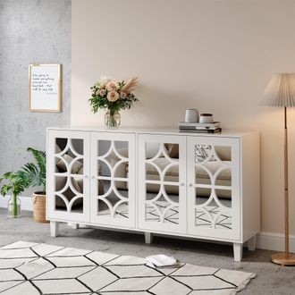 Generic Anrichte Wei&szlig; Mit Spiegeloberfl&auml;che Und Kristallgriffen Sideboard K&uuml;che Als K&uuml;chen Sideboard Buffetschrank K&uuml;che Stauschrank Seitenschrank Mit Vier T&uuml;