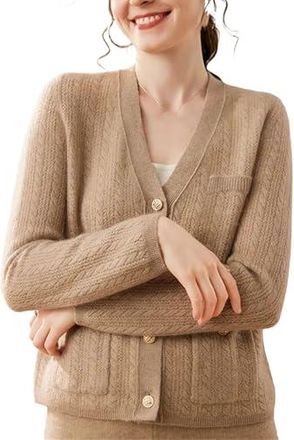 Generic Cardigan dhiver doux et confortable &agrave; col en V ouvert pour femme - V&ecirc;tement dext&eacute;rieur en tricot chaud - Amincissant - Polyvalent, Coco Palm Camel, Ta