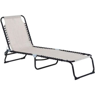 OUTSUNNY Bain de soleil transat pliable dossier inclinable multi-positions acier thermoplastique lacets &eacute;lastiques noir textil&egrave;ne cr&egrave;me