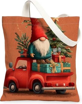 Generic Sacs fourre-tout en toile motif nain de No&euml;l, sacs d&eacute;picerie r&eacute;utilisables, rustiques, l&eacute;gers, lavables &agrave; l&eacute;paule S, Rouge, 13x15 Inch