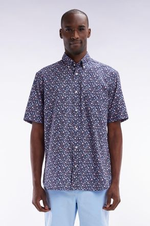 Eden Park Chemise &Agrave; Manches Courtes En Popeline De Coton Marine Imprim&eacute; Floral Rose Coupe Droite