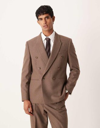 Asos Veste de costume coupe classique &agrave; double boutonnage en laine &agrave; fines rayures - Marron-Brown