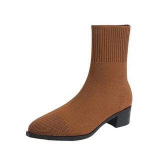 Generic Bottines courtes en tricot extensible pour femme - &Eacute;l&eacute;gantes - Couleur unie - Bout pointu - Respirantes - Talon &eacute;pais - Confortables - &Agrave; enfiler - Sty