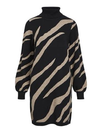 Object Objray L/S Knit Rollneck Dress AOP Noos Robe en Tricot, Noir/Motif : Gris d&eacute;sert Taupe Tigre, L Femmes