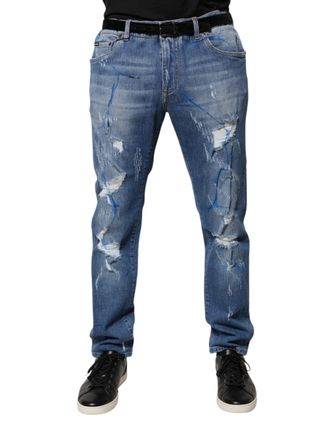 Dolce & Gabbana Mens Blue Cotton Stretch Tattered Skinny Denim Jeans Elastane Clothing