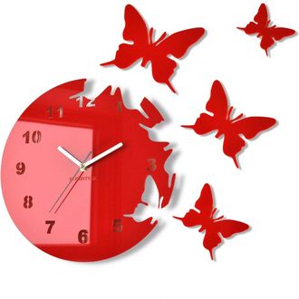 FlexiStyle z4c_3 Gro&szlig;e Moderne Wanduhr Schmetterling Rot rund 30cm, 3D DIY, Wohnzimmer, Schlafzimmer, Kinderzimmer