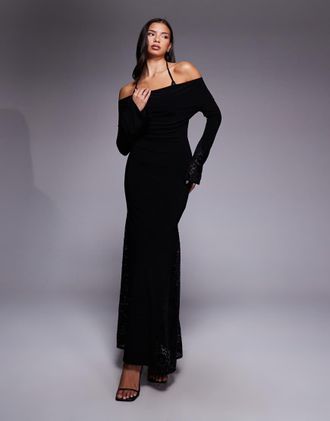 Asos Lang&auml;rmliges Maxikleid in Schwarz mit BH-Detail und Spitzeneins&auml;tzen-Rot