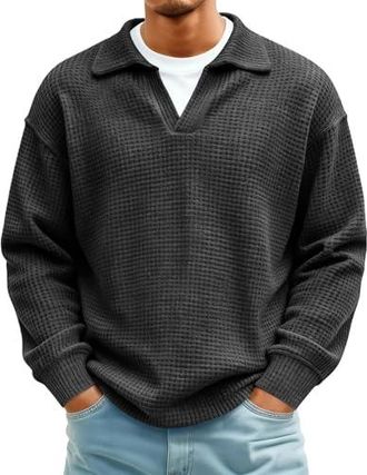 Generic Polo pour homme grand et grand t-shirt gaufr&eacute; col en V coupe ample &agrave; manches longues T-shirts de golf l&eacute;gers et respirants T-shirts de golf d&eacute;contract