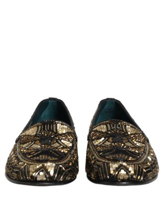 Dolce & Gabbana Mens Black Gold Embellished Slip On Loafers Shoes Leather