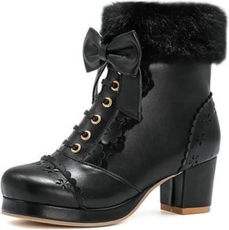 Generic Bottines à lacets vintage pour femme avec fermeture éclair latérale et noeud élégant Lolita, Noir, 37.5 EU