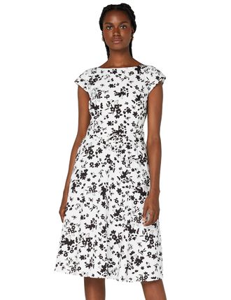 Truth & Fable Damen Midi-Baumwollkleid In A-Linie, Schwarz Weiß Floral, 32