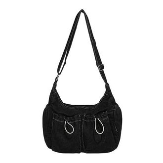 Generic Sac &agrave; bandouli&egrave;re en denim de couleur unie avec plusieurs poches, grande capacit&eacute;, sac fourre-tout Hobo pour le travail et les sorties, Noir, 300.00 x
