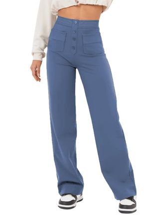 SHEKINI Damen Hose Y2K Gerades Bein mit Knopfleiste Baggy Freizeithose mit Taschen Hohe Taille Stoffhose Streetwear Hose Pants