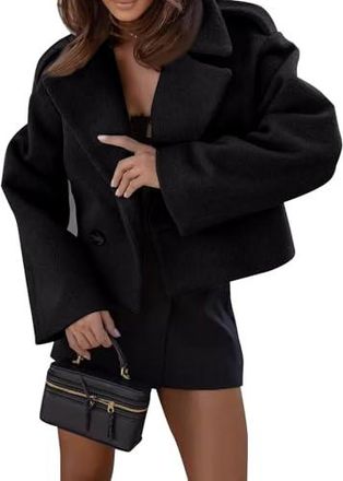 Generic Trench-coat pour femme - Veste dhiver courte en laine à double boutonnage - Chaude avec boutons - Veste dhiver courte pour femme - Manteau à revers él