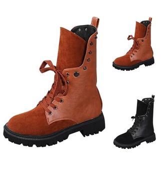 Generic Bottes mi-mollet pour femme - Style rétro - Talon bas - Plateforme - Bout rond - Bottes déquitation - Cuir PU souple avec lacets - Pour lautomne, lhiv