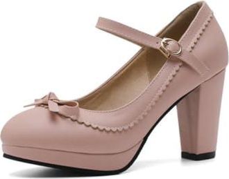 Generic Femmes Lolita Mary Jane Talons Bloc Talon Kawaii Casual Chaussures Noeud Robe De Soirée Pompes,Rose,34 EU