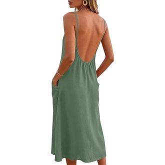 Generic Robe d&eacute;t&eacute; l&eacute;g&egrave;re mi-longue &agrave; bretelles spaghetti et dos profond pour femme, robe trap&egrave;ze d&eacute;contract&eacute;e boh&egrave;me pour femme, en coton doux, sans manches, 