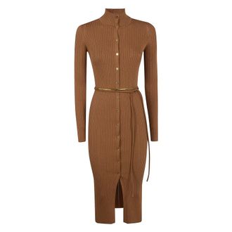 Elisabetta Franchi Femme, Robes, Brun, Taille: 36 FR Robe en maille ajour&eacute;e avec ceinture bijou