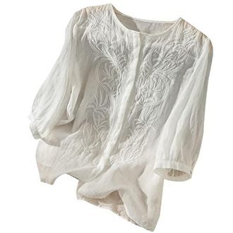 Generic Chemise en lin &agrave; manches 3/4 pour femme - Motif floral brod&eacute; - Style r&eacute;tro boh&egrave;me ethnique paysanne - Chemisier tendance, blanc, XXL