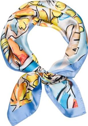 styleBREAKER Foulard pour femmes avec motif de feuilles de palmier et de fleurs dans le style pop art, foulard carré, multicolore, bandana 01016237, couleur:Bleu c