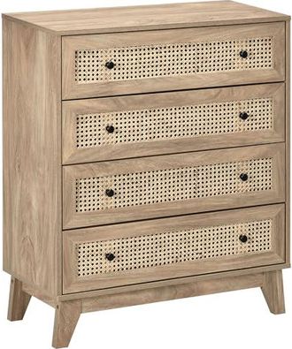 HOMCOM Commode 4 tiroirs Meuble de Rangement cannage en rotin 80 x 35 x 95 cm Aspect Bois Clair