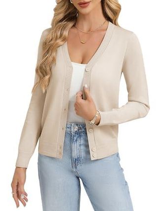 Grace Karin Cardigan d&eacute;t&eacute; l&eacute;ger classique &agrave; col en V boutonn&eacute; pour femme, abricot, XL