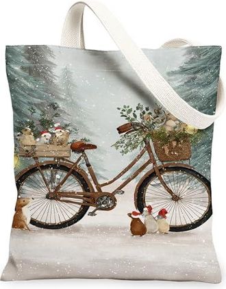 Generic Sacs fourre-tout en toile pour v&eacute;lo dhiver, motif animal mignon, sacs r&eacute;utilisables, vintage, nature l&eacute;g&egrave;re, lavable, bandouli&egrave;re en toile pour voyage