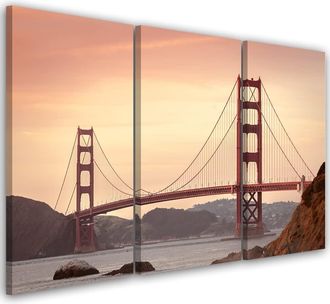 Feeby 3-teilig Vlies Leinwandbild 90x60 cm Westküste Golden Gate Bridge San Francisco Wanddeko Design Kunstdruck Zimmerdeko Bilderwand Felsen Abend Fluss Or
