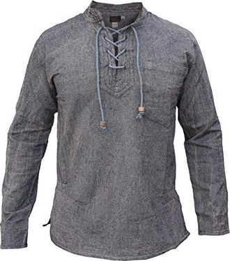 Gheri Chemise à lacets col V en coton et chanvre pour homme - Gris - XXX-Large
