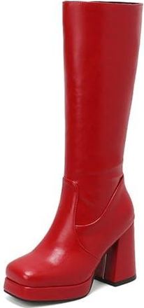 Generic Bottes hautes au genou pour femme - Talon haut - Bout carr&eacute; - Fermeture &eacute;clair lat&eacute;rale - Pour lhiver, Rouge, 39.5 EU