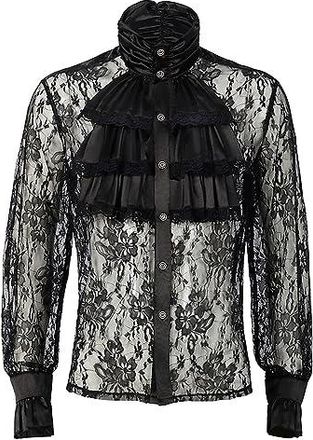 Generic 2025 Chemise Médiévale Homme Dentelle- Costume Pirate Manches Longues Jabot Perspective Sexy Vintage Casual Vampire Coupe Chic Blouse Victorien Gothiq