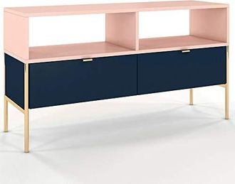 Selsey LESARI - TV-Lowboard/Fernsehschrank mit 2 Schubladen, 2 offenen Fächern, Metallgestell, 120 cm (Dunkelblau/Pink/Metallgestell in Gold)