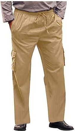 Generic Pantalon cargo pour homme en coton et lin multi-poches léger et décontracté pour le travail, la randonnée, le camping, la pêche, extensible avec cordo