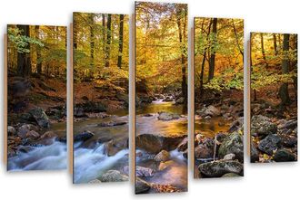 Feeby Dekobild 5 Paneele 100x70 cm Wald Bäume Felsbrocken Natur Wanddekoration Kunstdruck Zimmerdeko Bilderwand Pflanzen Gras Bach Kaskade Orange