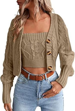 Generic Bol&eacute;ro court, cardigan en tricot torsad&eacute; pour femme, cardigan tendance boutonn&eacute; et haut tube, cardigan classique &agrave; manches longues, v&ecirc;tements dext&eacute;rie